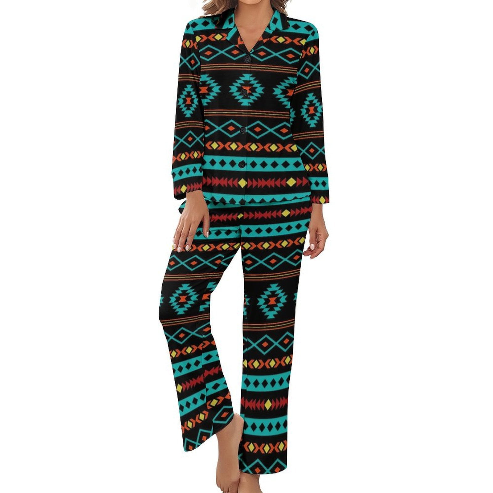Aztec Art Printed Pajama Set for Couples, Women Men Long Sleeved ...