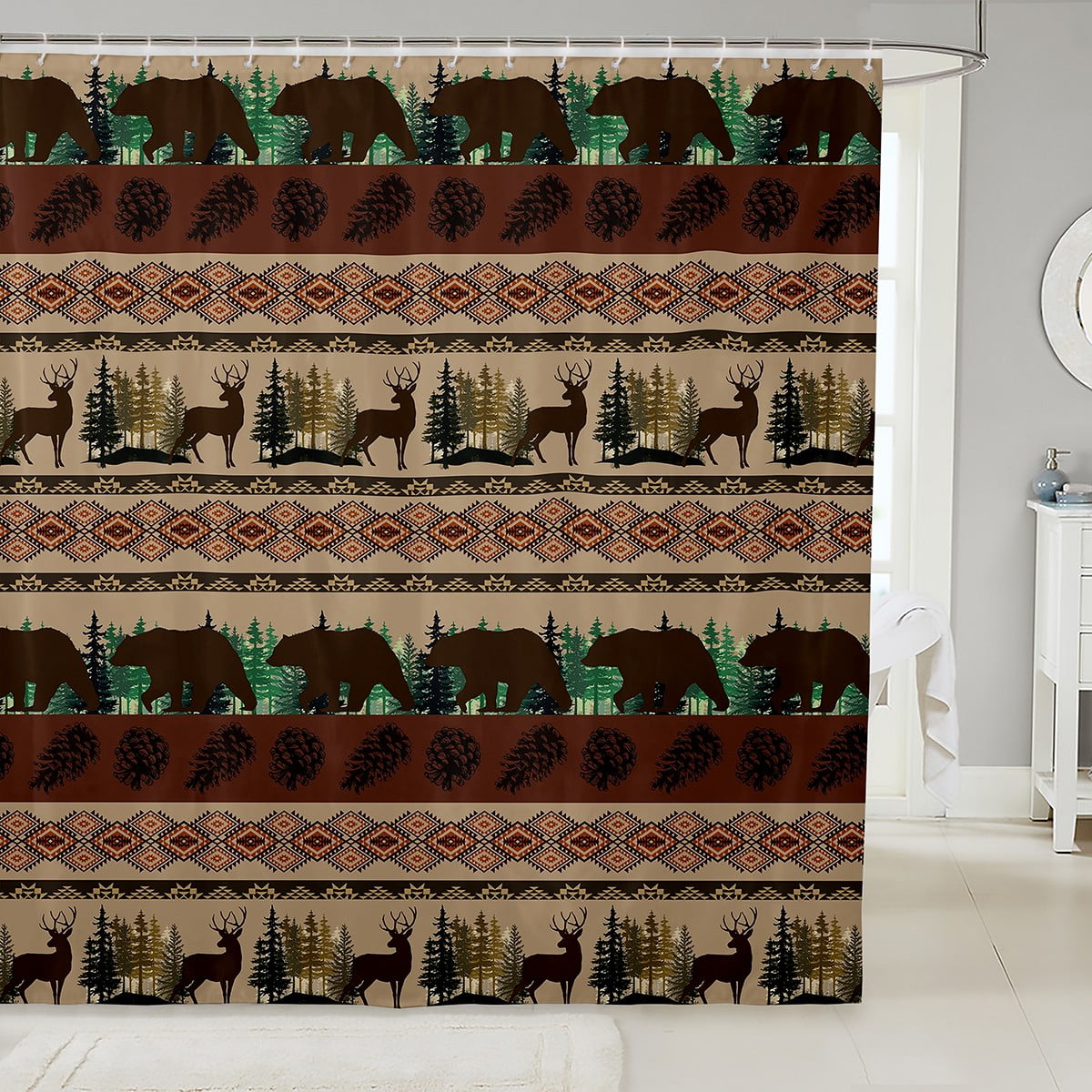 Aztec Bath Curtain Woodland Animals Bear Exotic Tribal Geometry Fabric ...