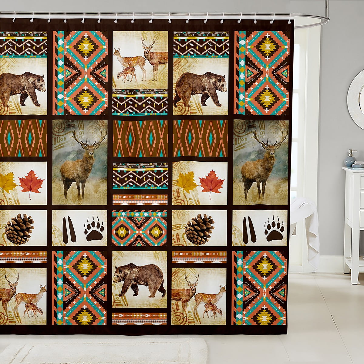 Aztec Bath Curtain Woodland Animals Black Bear Southwest Exotic Tribal ...
