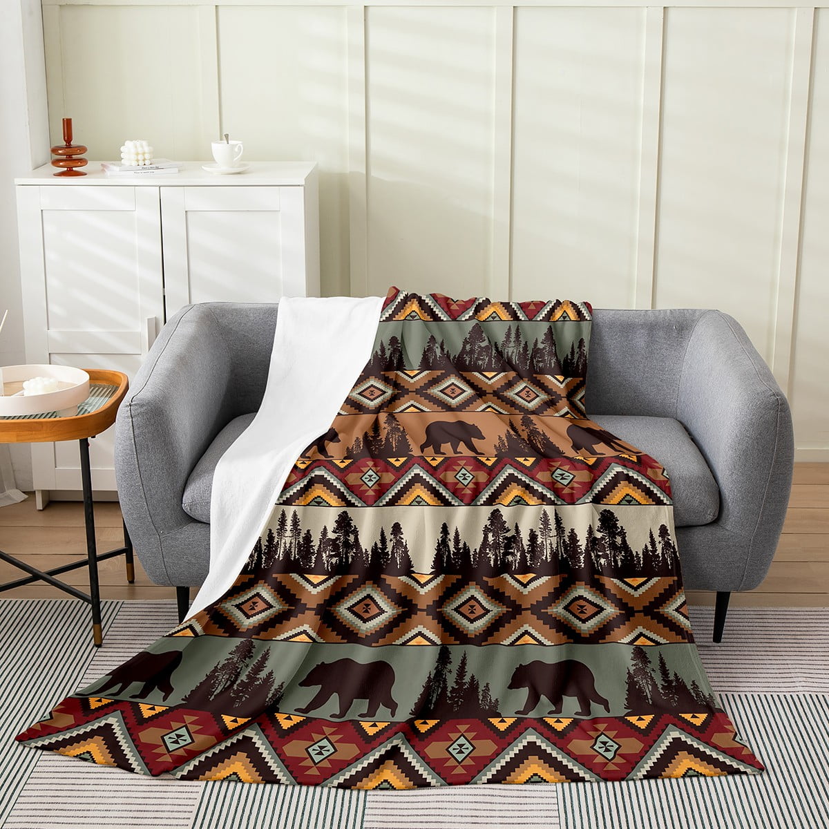 Aztec Bear Flannel Fleece Blanket Western Style Sherpa Blanket for Sofa ...
