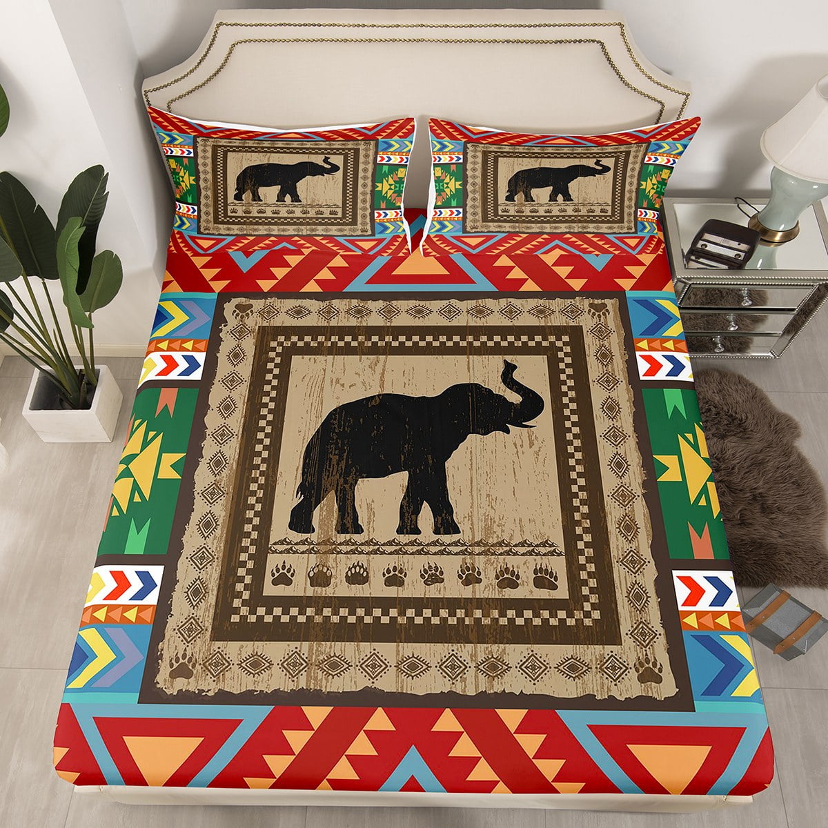 Aztec Bed Sheets Full Black Elephant Fitted Sheet Rustic Farmhouse ...