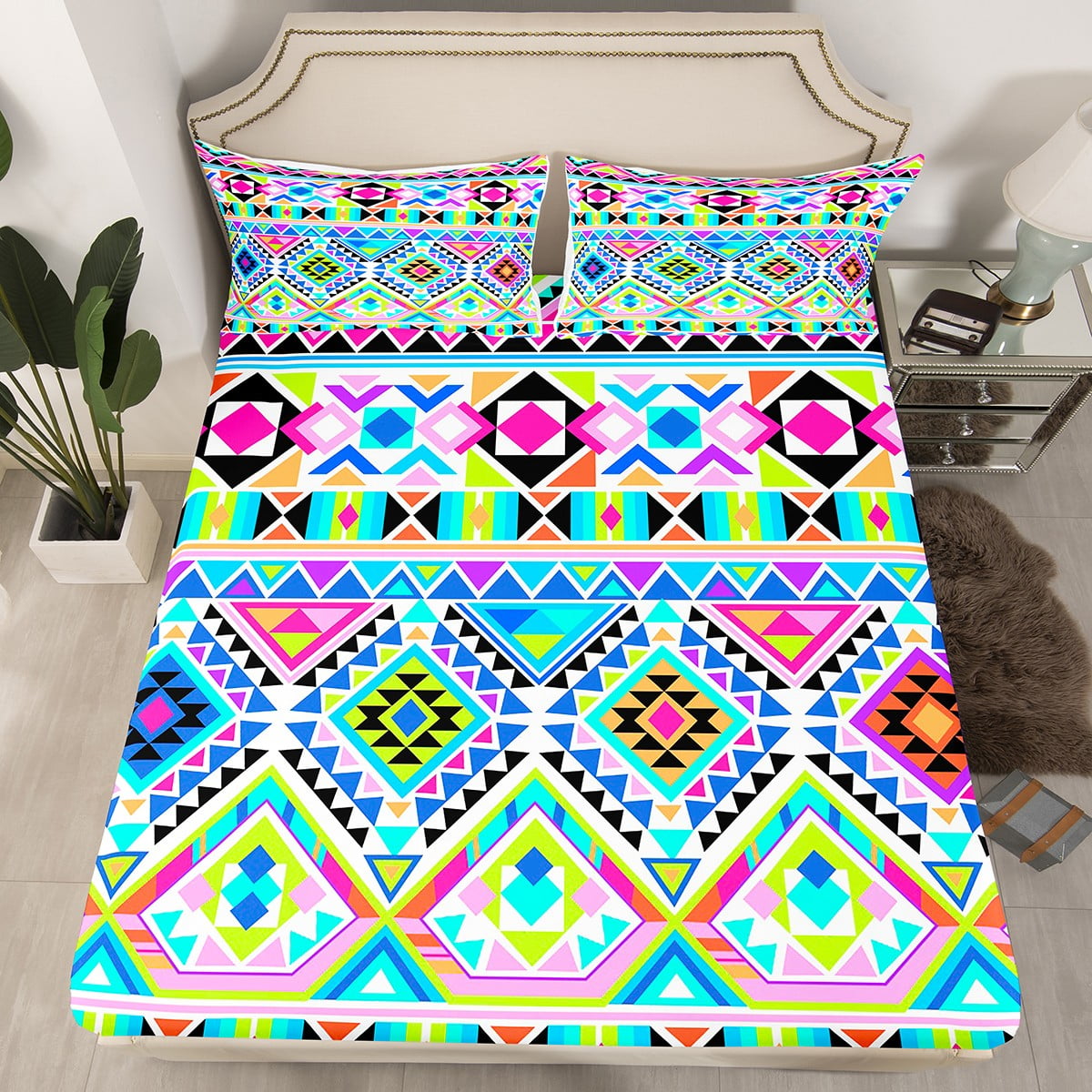 Aztec Bed Sheets Twin Neon Geometric Diamond Fitted Sheet Western ...