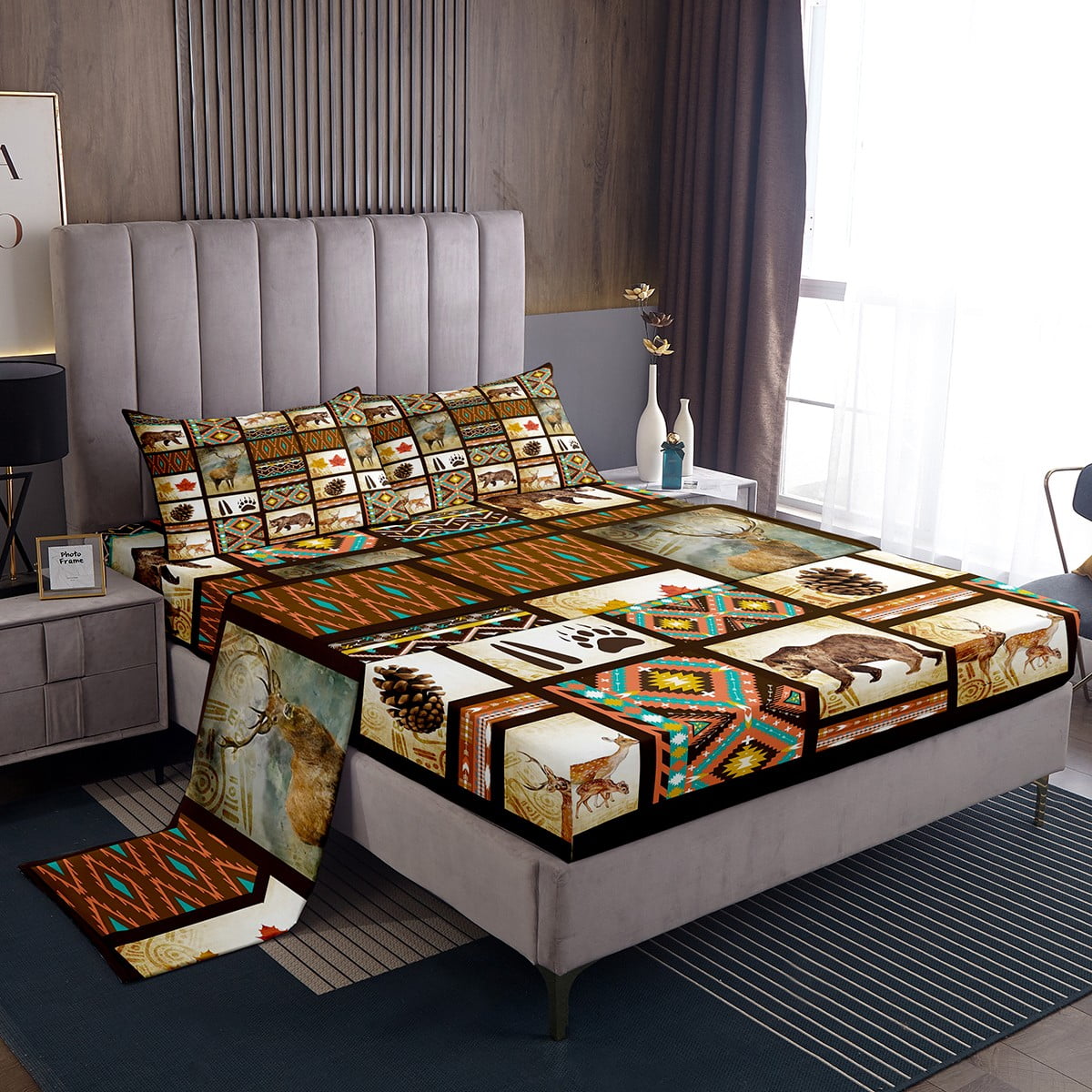 Aztec Bed Sheets Queen Woodland Animal Bear Elk Sheet Set,Southwest ...