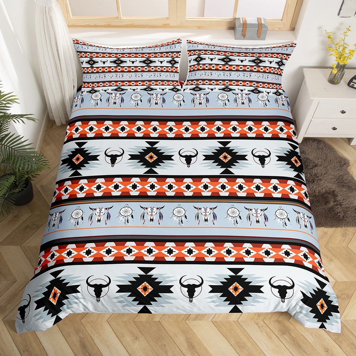 Aztec Bedding Set Queen,Southwestern Comforter Cover Exotic Bull Skull ...