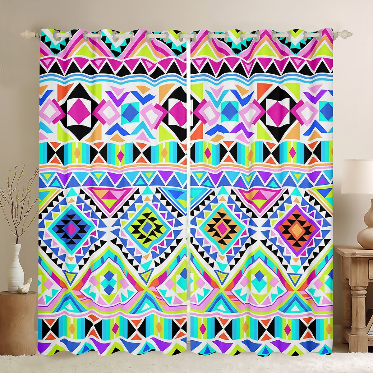Aztec Blackout Curtains 38"Wx45"L Neon Geometric Diamond Curtains ...