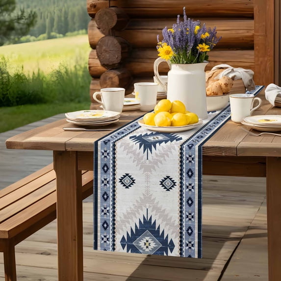 Aztec Blue Geometric Abstract Table Runner 60 Inch Long Retro Ethnic ...