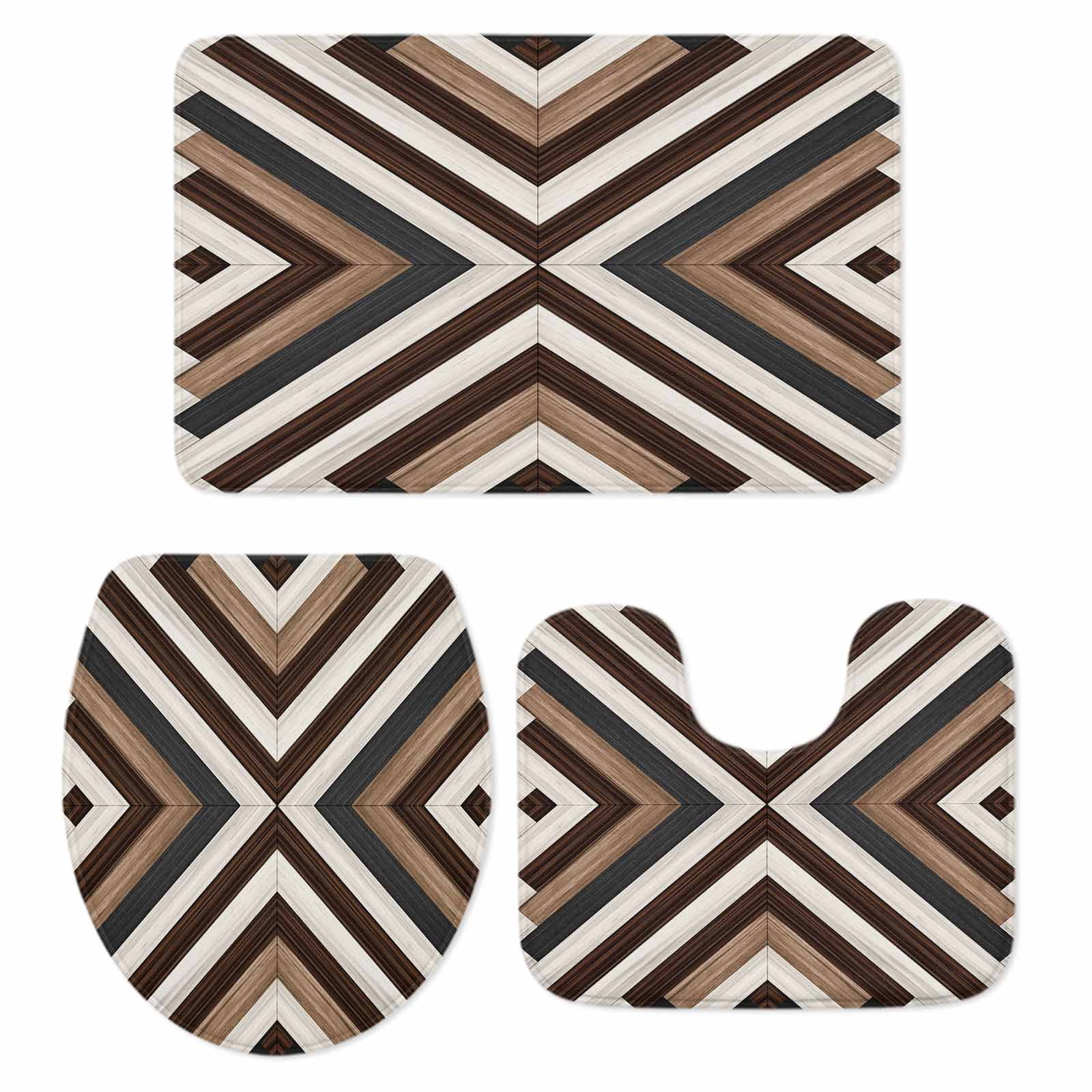 Aztec Bohemian Bathroom Rugs Set Modern Neutral Wooden Texture Art Non ...