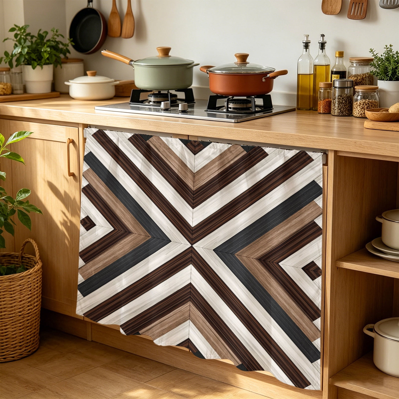 Aztec Bohemian Cabinet Curtains 35" W x 35" L Modern Neutral Wooden ...