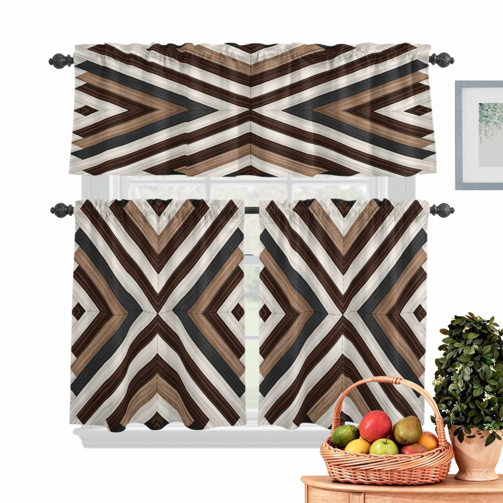 Aztec Bohemian Kitchen Curtains Valances 3 Piece Set, Modern Neutral ...