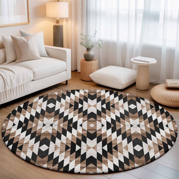 Aztec Brown Ethnic Style Round Rug 5ft Abstract Geometric Washable Area ...