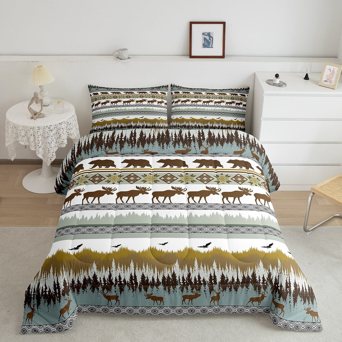Aztec Comforter Set Queen Woodland Animals Bear Elk Bedding Set ...
