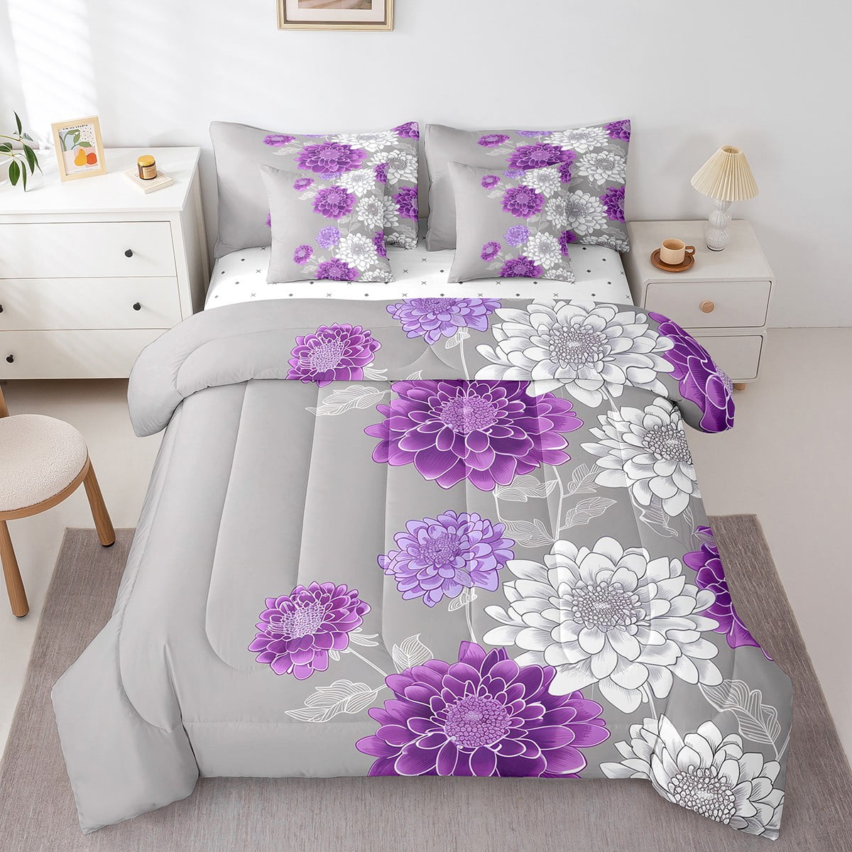 Aztec Dahlia Comforter Set,7 Pieces Lotus Flower King Bed in a Bag,Grey ...