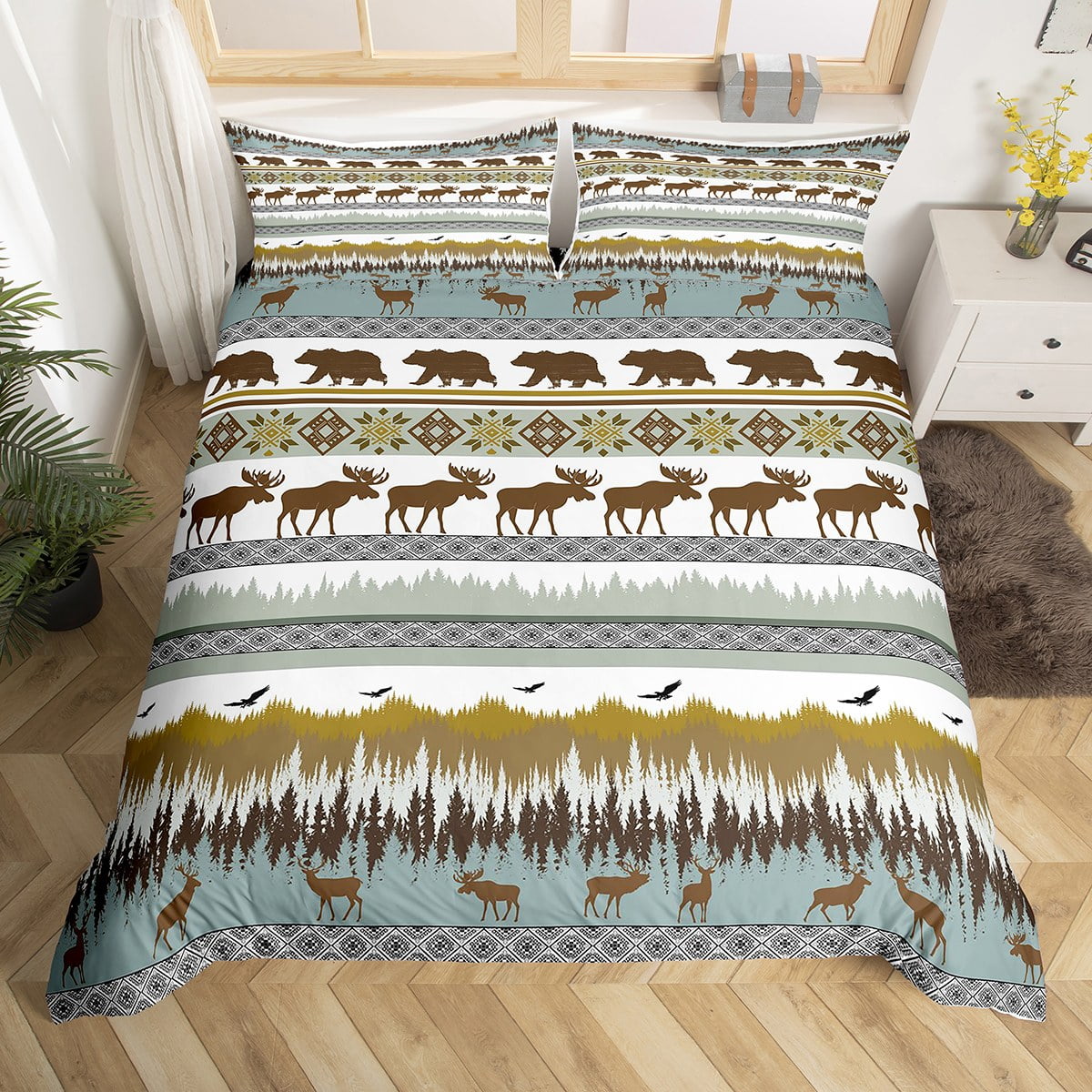 Aztec Duvet Cover Queen Woodland Animals Bear Elk Bedding Set,Southwest ...