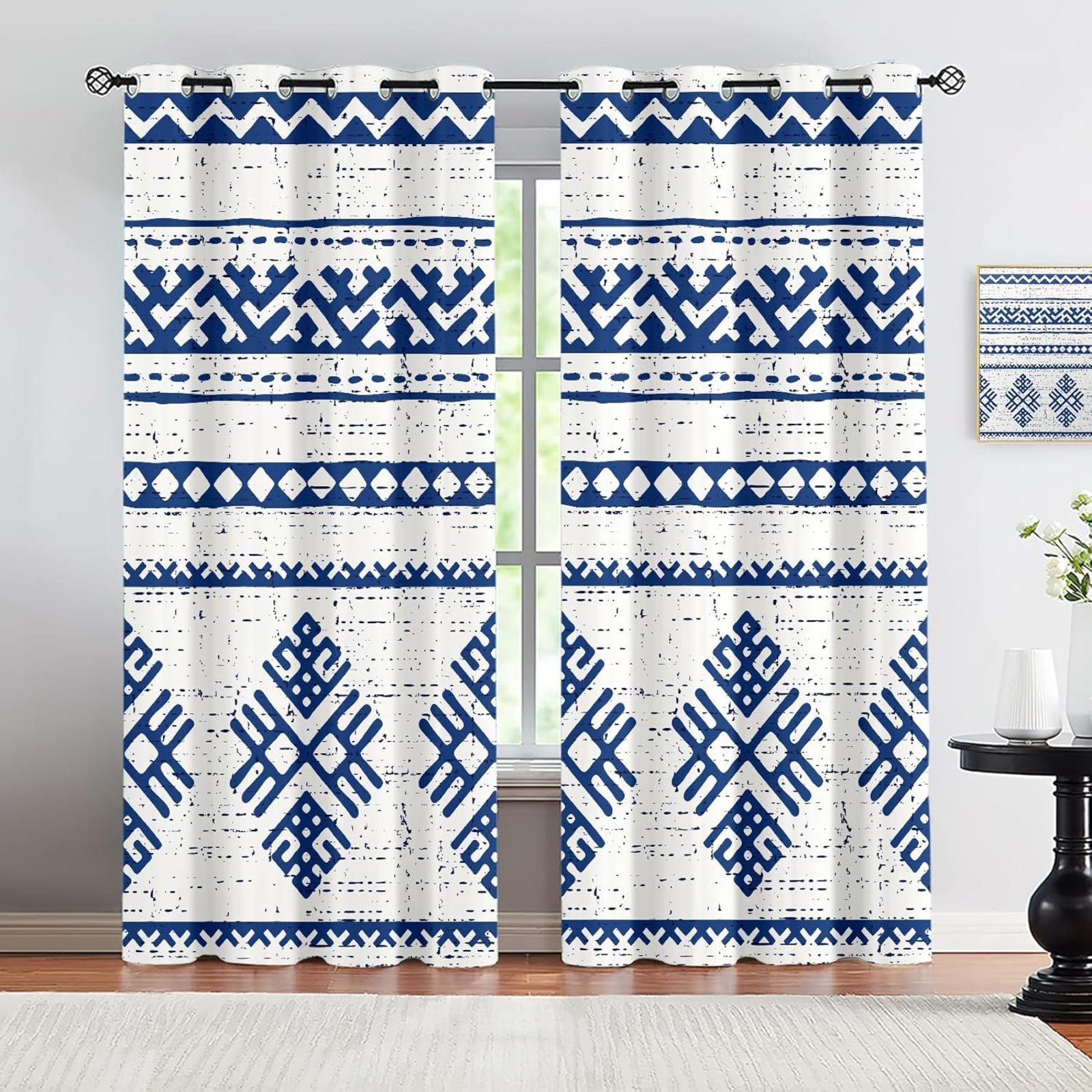Aztec Ethnic Tribal Blackout Curtains, Blue Vintage Wood Board Geometry ...