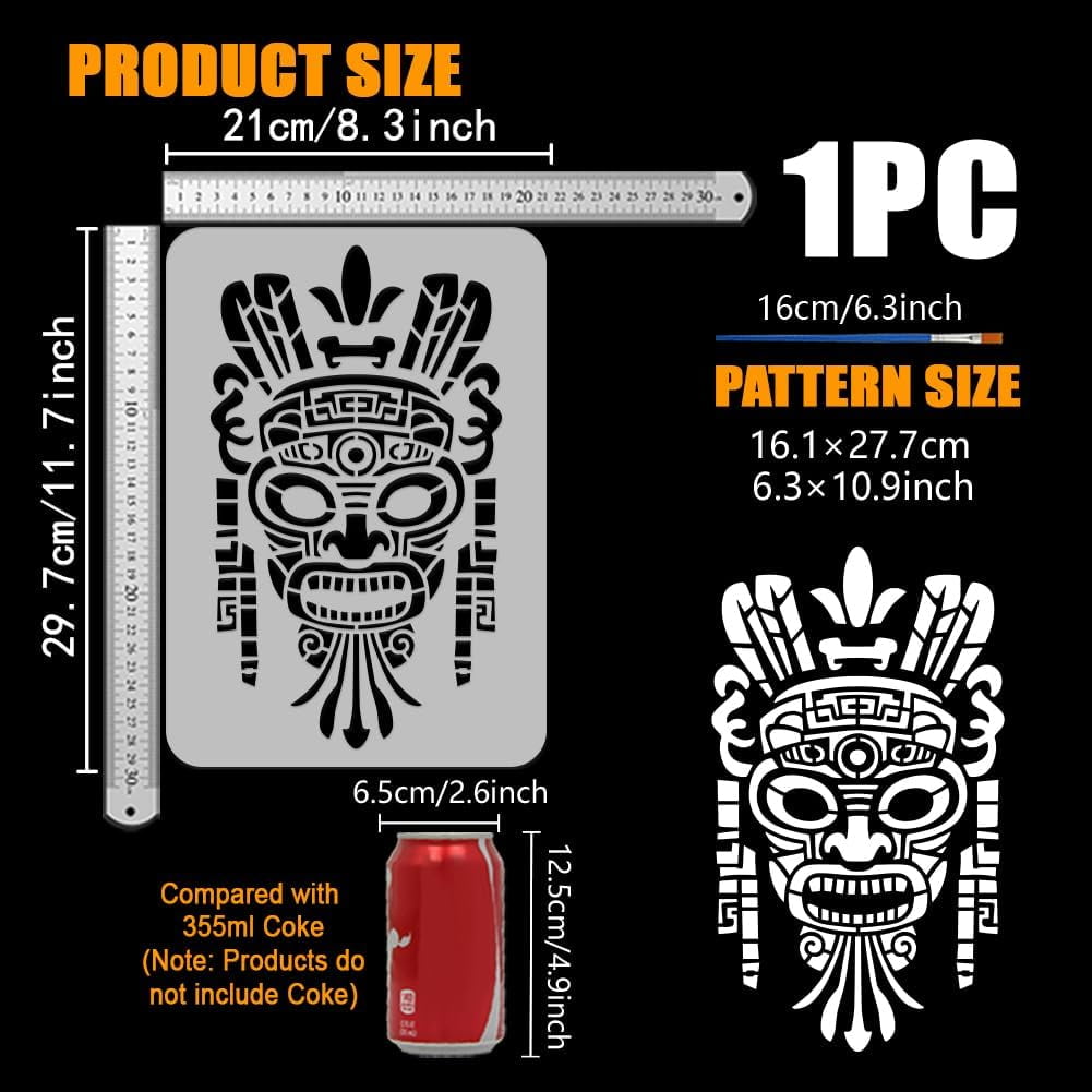 Aztec Face Stencil with Brush 8.3x11.7inch Reusable Aztec Patterns ...