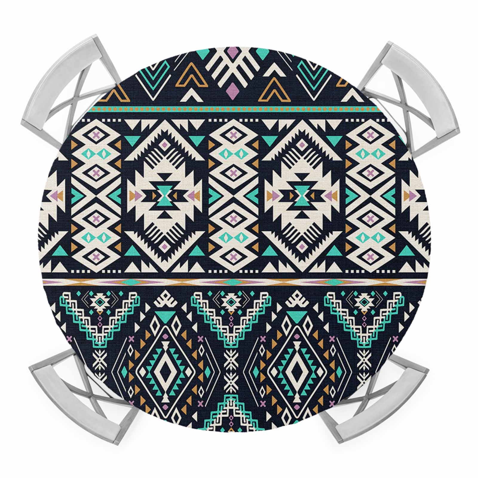 Aztec Folk Art Elastic Fitted Round Table Cover Green Ethnic Tribe ...