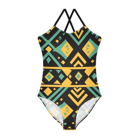 Aztec Geometric Abstract Pattern Girls' One-Piece Swimwear 3T-10T Soft ...