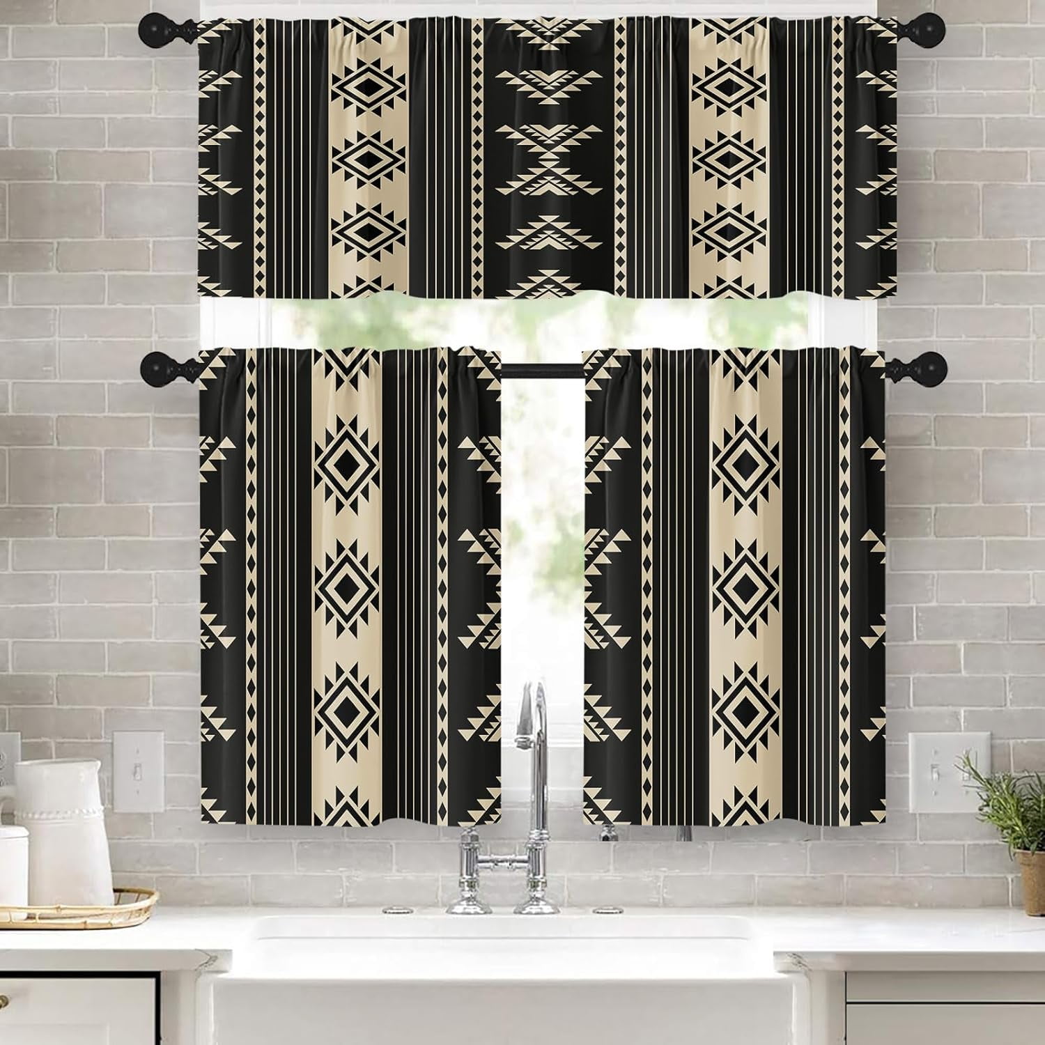 Aztec Geometric Kitchen Curtains Retro Window Curtains Valance and Tier ...