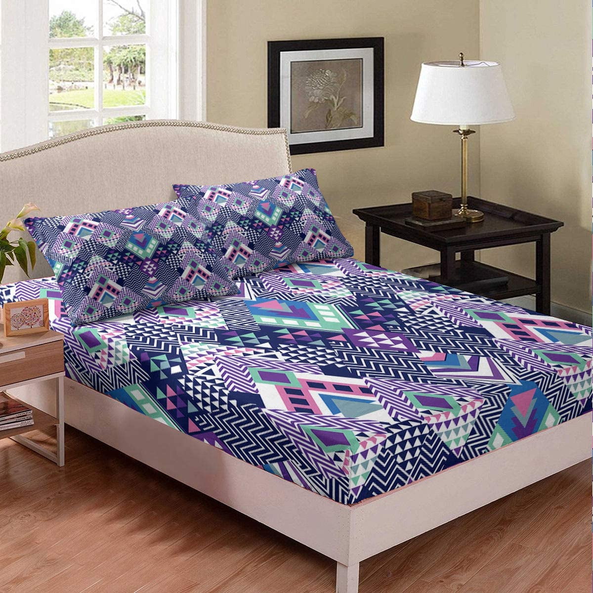 Aztec Geometric Theme Fitted Sheet Deep Pocket Triangle Wave Pattern ...