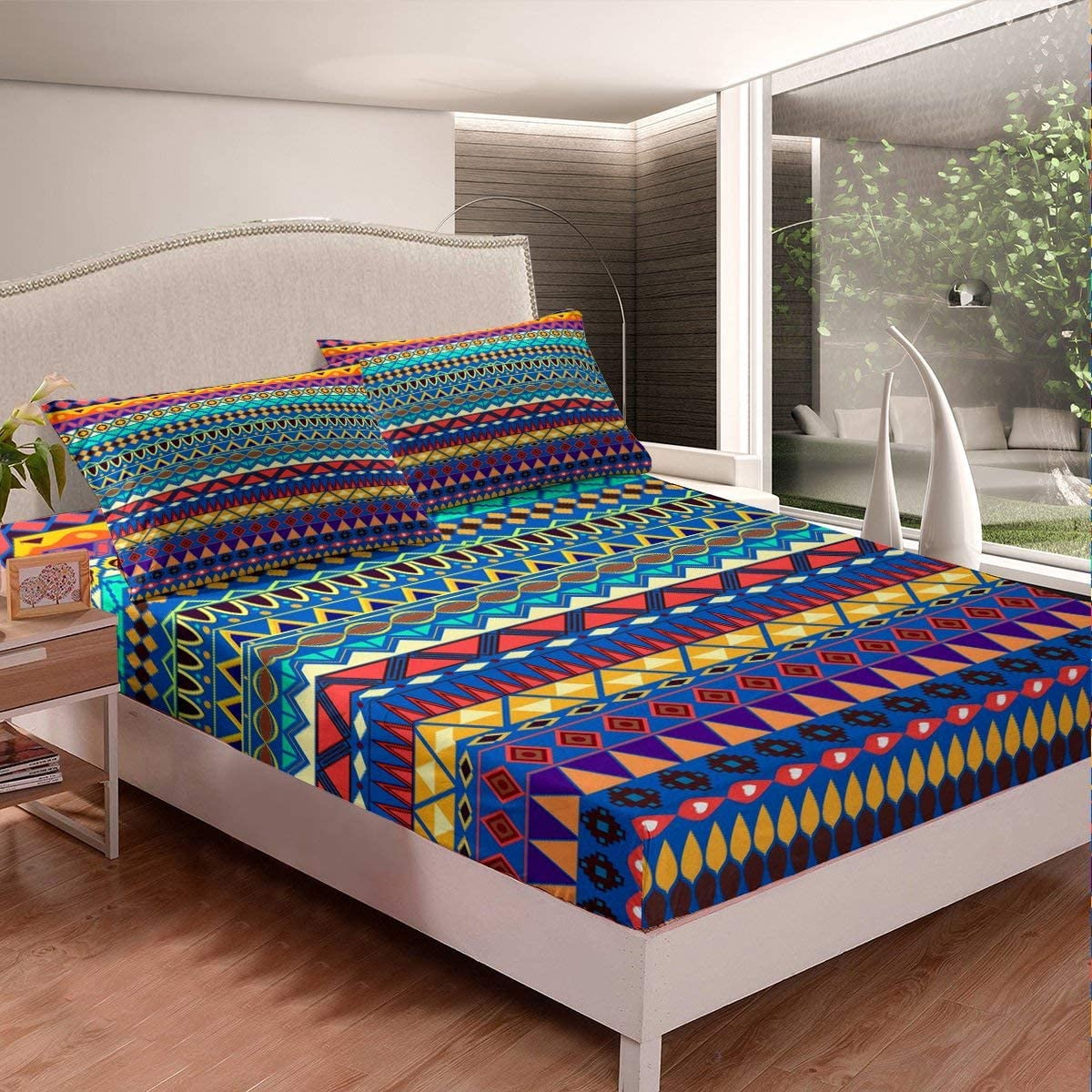 Aztec Geometric Theme Fitted Sheet Deep Pocket Triangle Wave Pattern ...