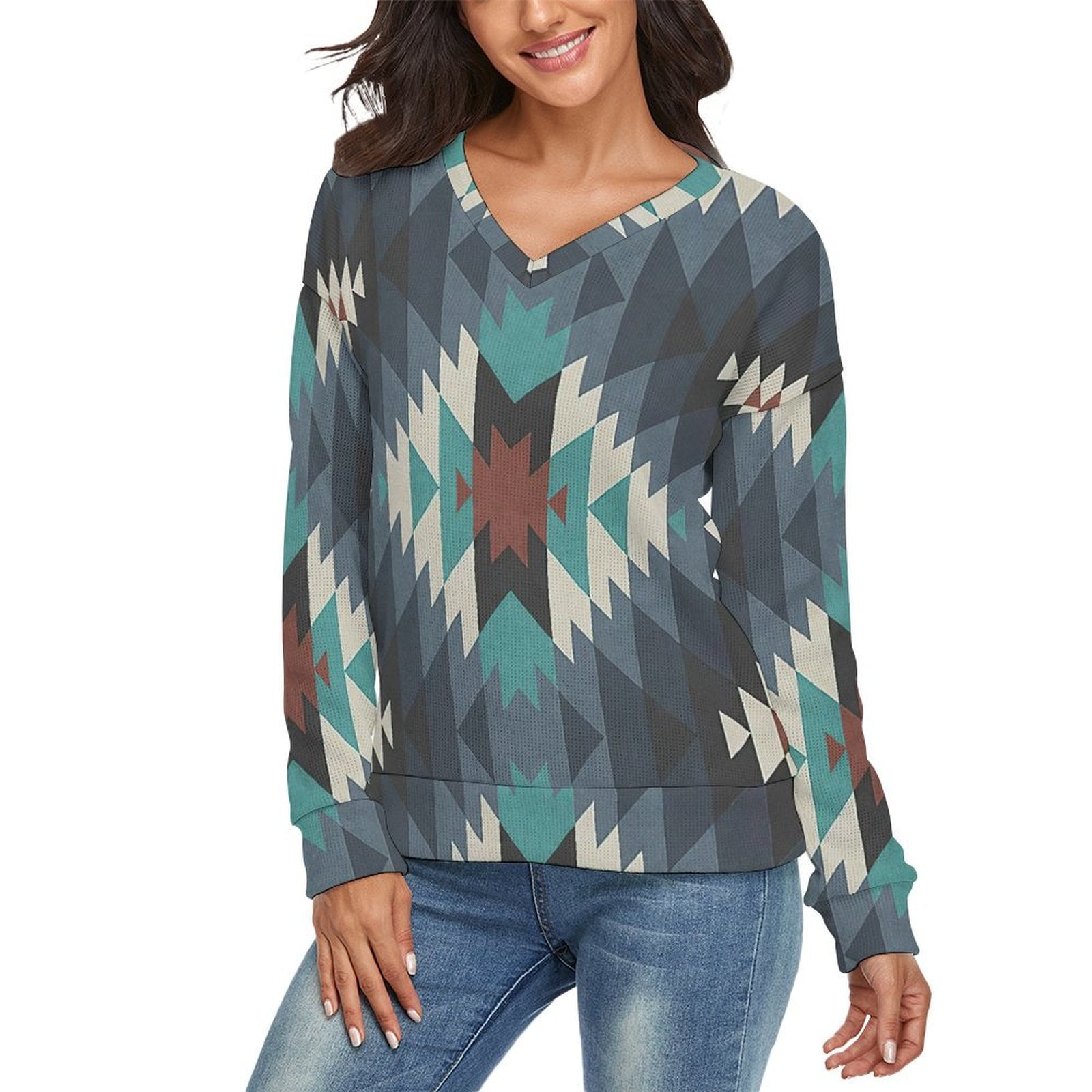 Aztec Geometry Pattern V-neck Sweater Winter Clothes Long Sleeve ...