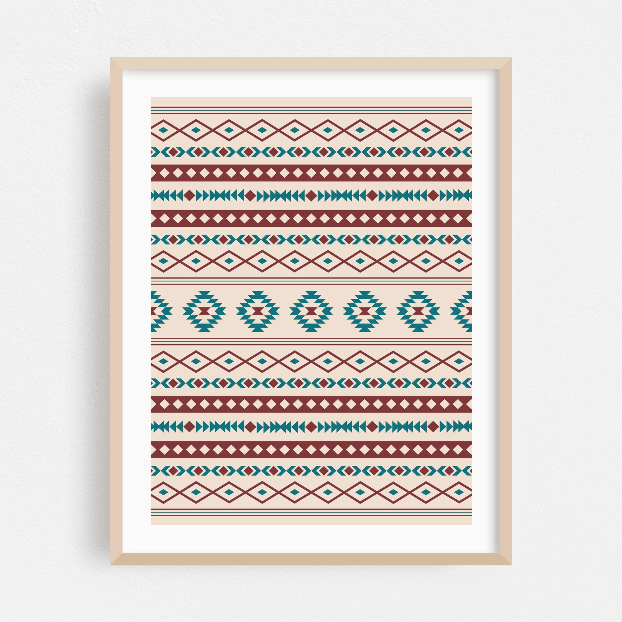 Aztec Mixed Motif Pattern Teal Red Cream - Digital Art Geometric ...