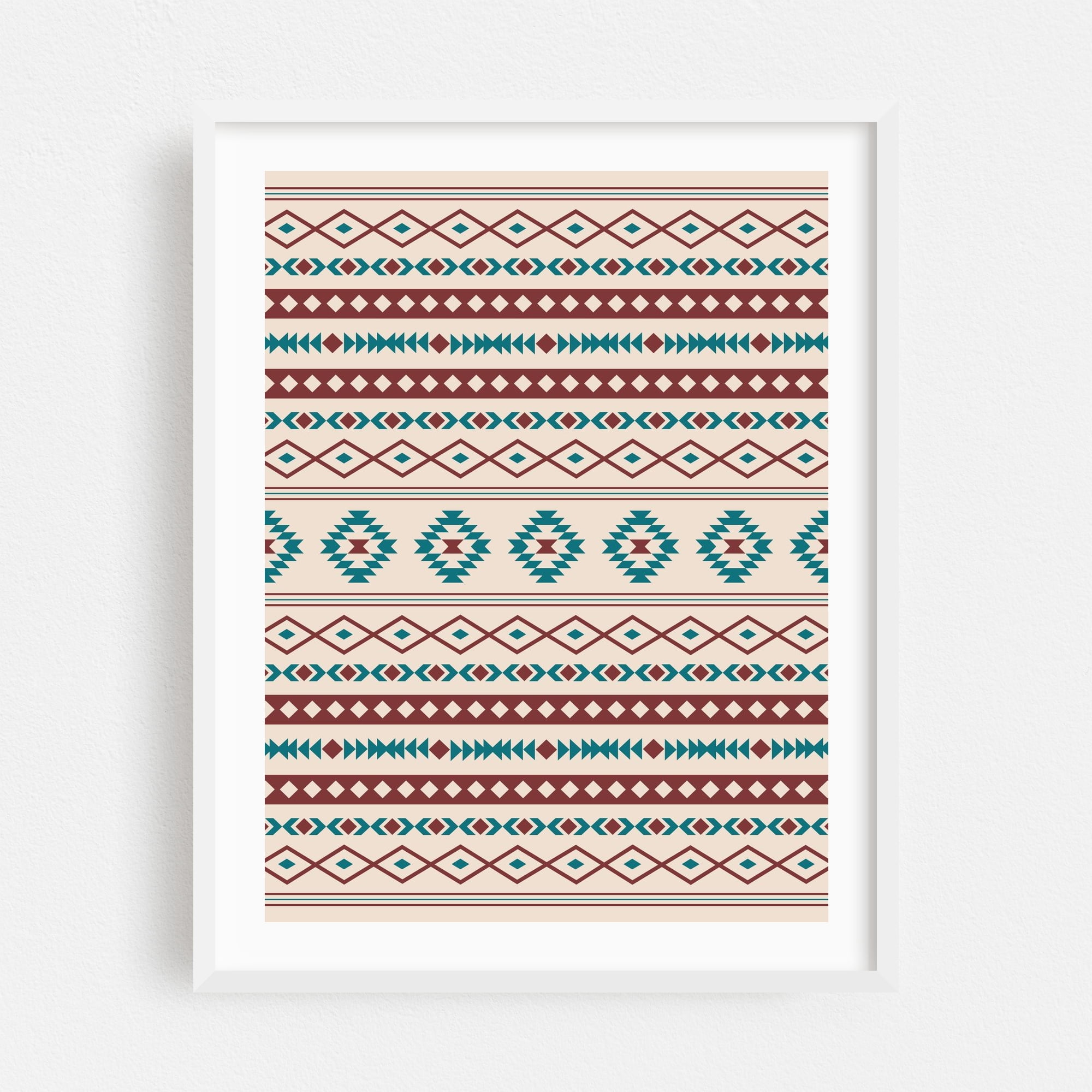 Aztec Mixed Motif Pattern Teal Red Cream - Digital Art Geometric ...