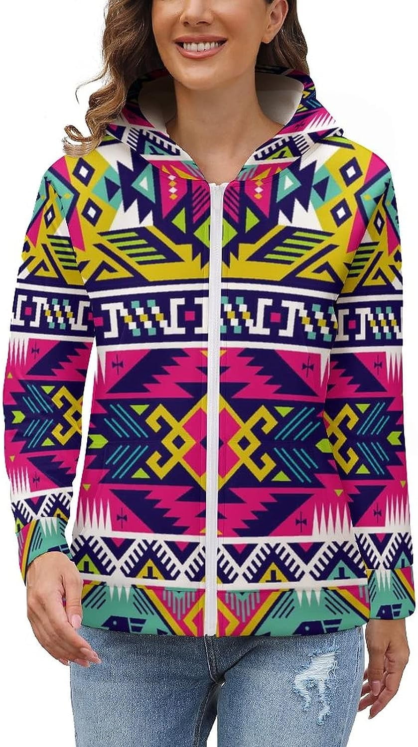 Aztec Neon Colors Tribal Womens Full Zip Hooded Sweatshirt Soft Fleece