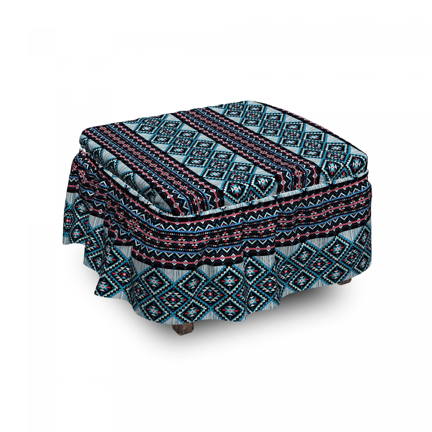 Aztec Ottoman Cover, Geometric Triangles Ornate, 2 Piece Slipcover Set ...
