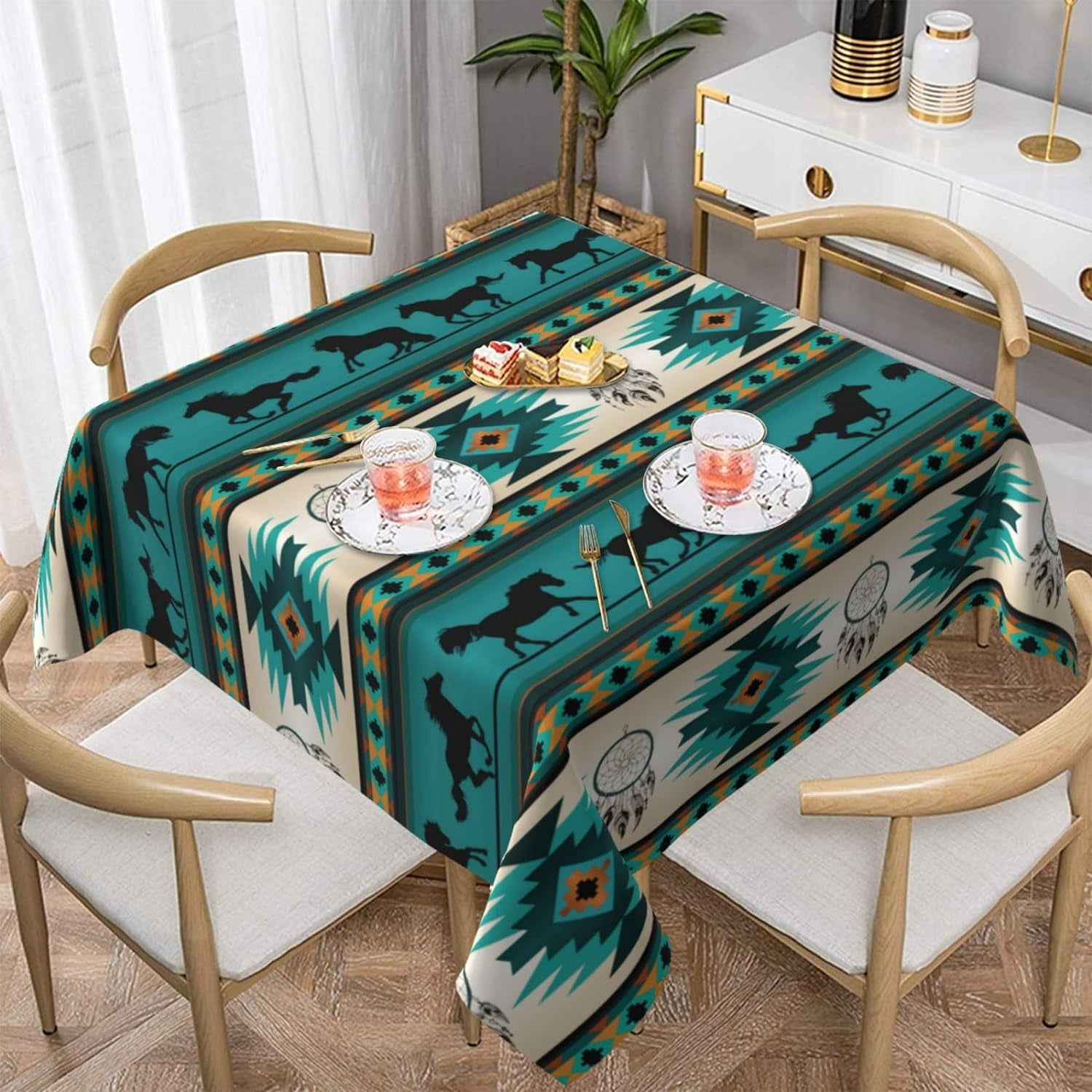 Aztec Pattern Tablecloth Ethnic Native Style Boho Geometric Green ...