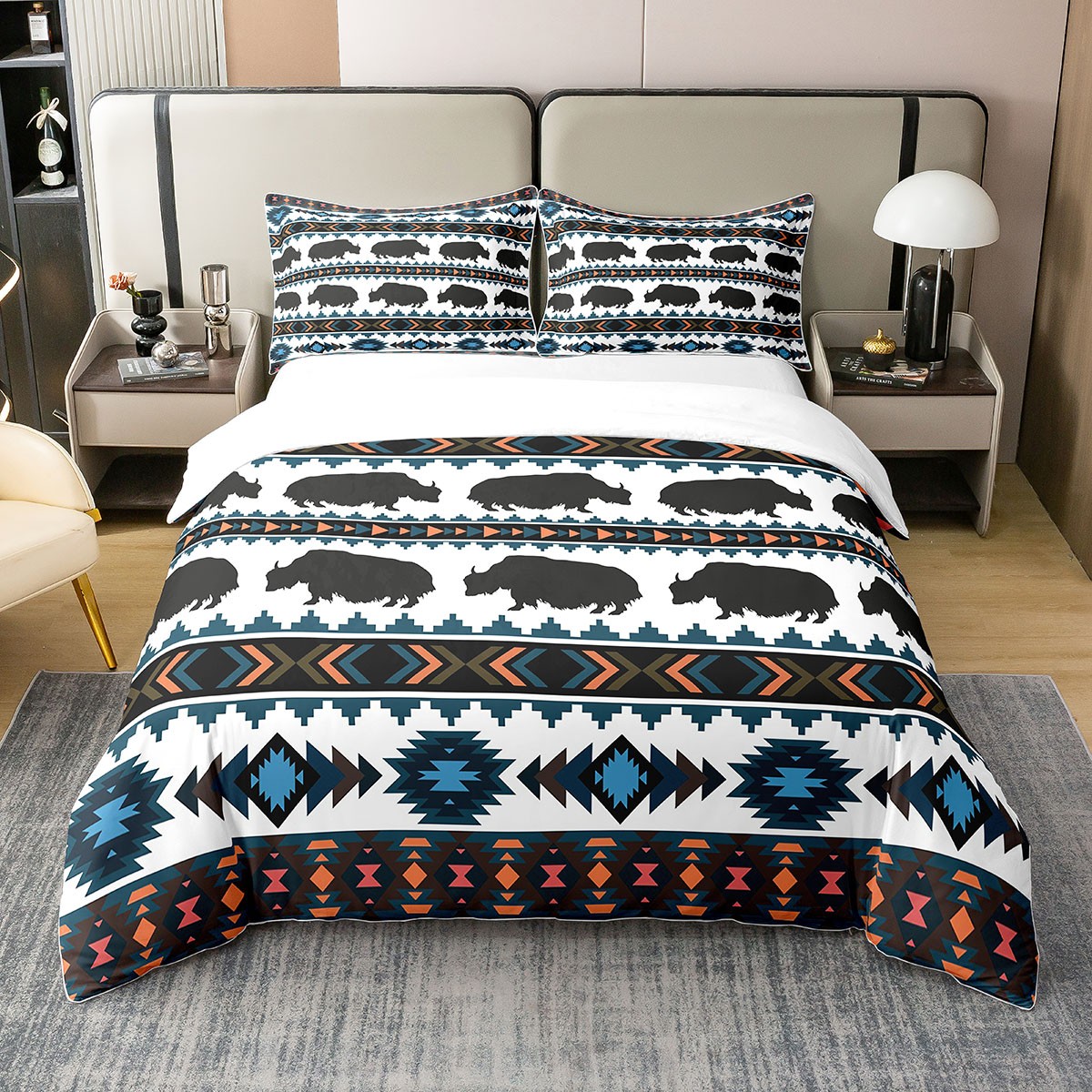Aztec Pure Cotton Duvet Cover Full Highland Cow Print Bedding Set ...