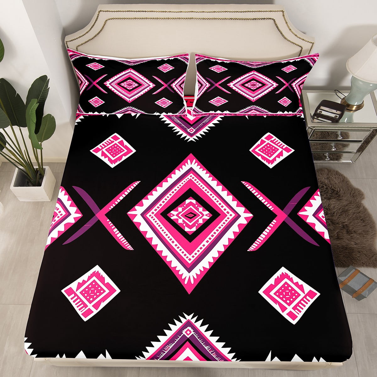Aztec Queen Bed Sheets for Girls,Magenta and Black Geometric Sheets ...