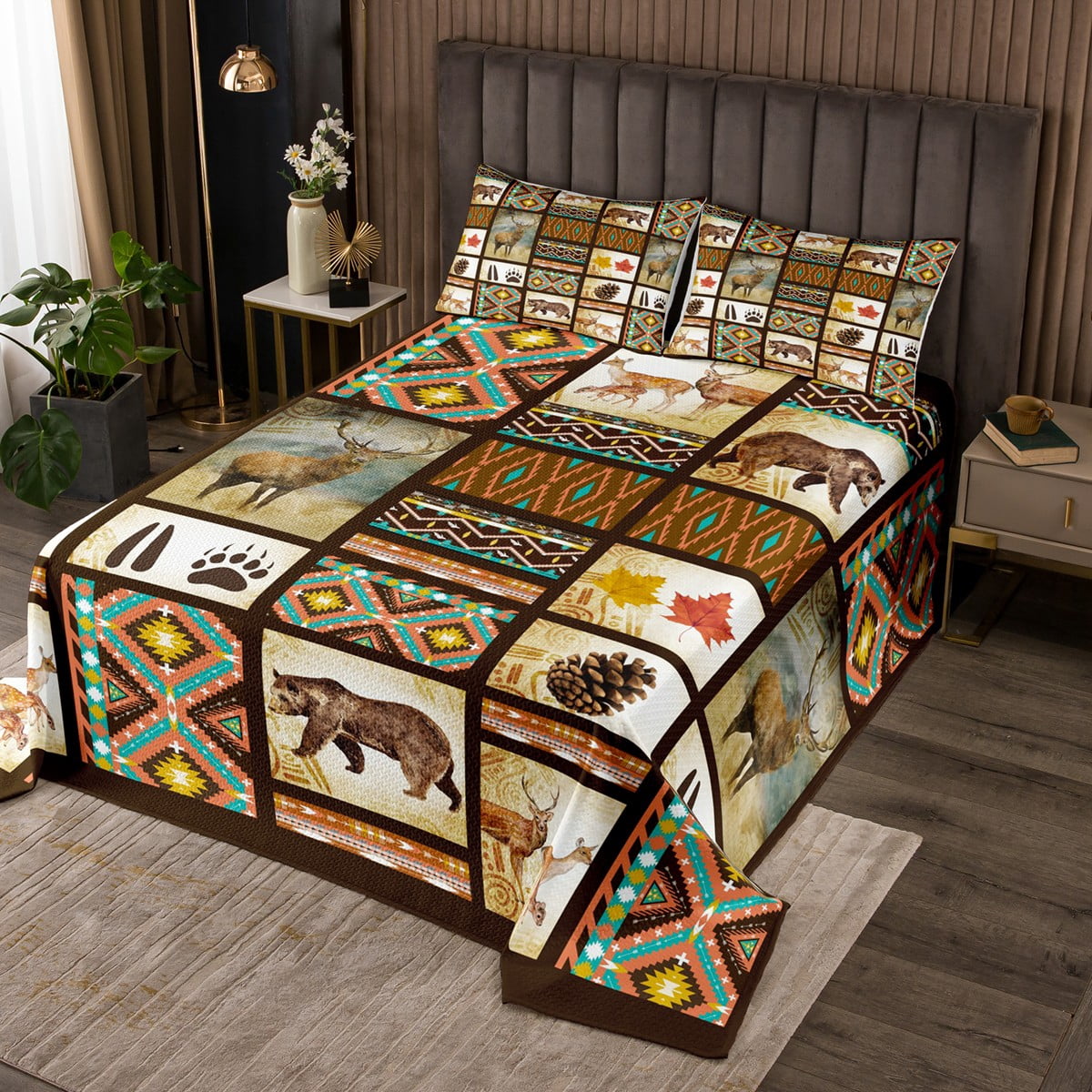 Aztec Quilt Set Queen Woodland Animal Bear Elk Bedspread Set,Southwest ...