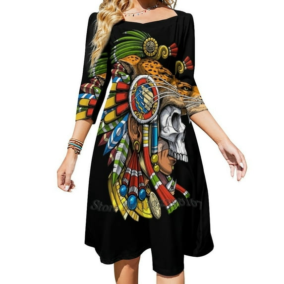 Aztec Skull Mask Square Neck Dress New Plus Size Elegant Women Waist ...