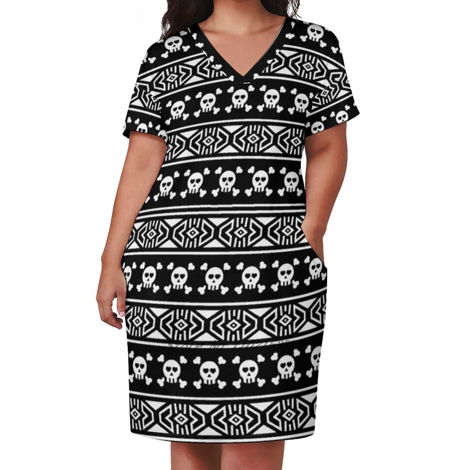 Aztec Skulls And Hearts Pattern White On Black Loose Pocket Dress Print ...
