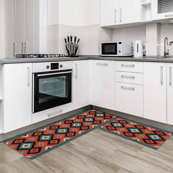 Aztec Southwest 2 Pieces Non-Slip Kitchen Mat Set Red Black Geometric ...