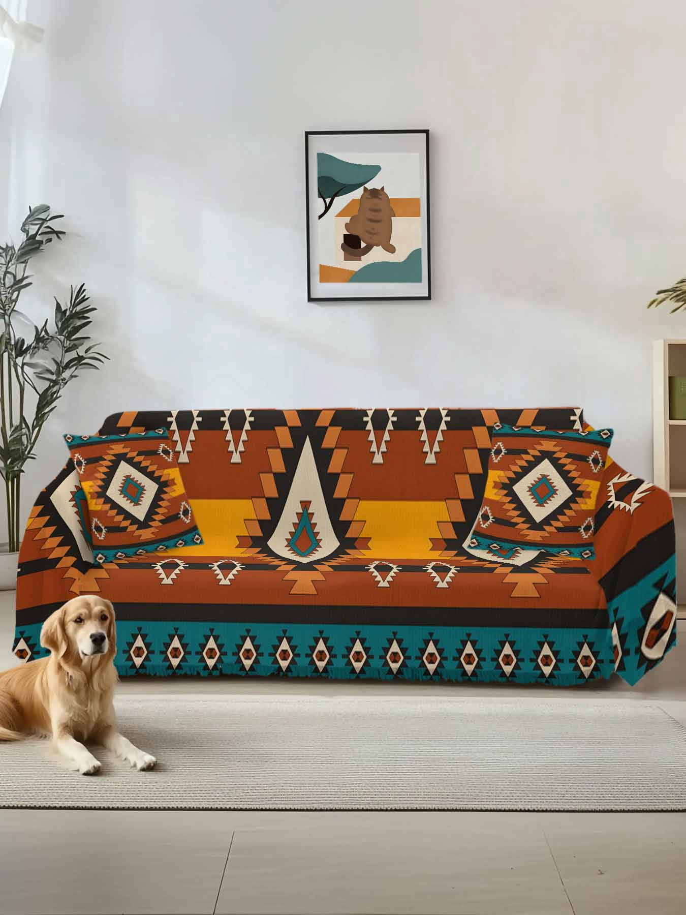 Aztec Southwest Couch Cover, Orange Red Geometric Tribe Vintage Sofa ...