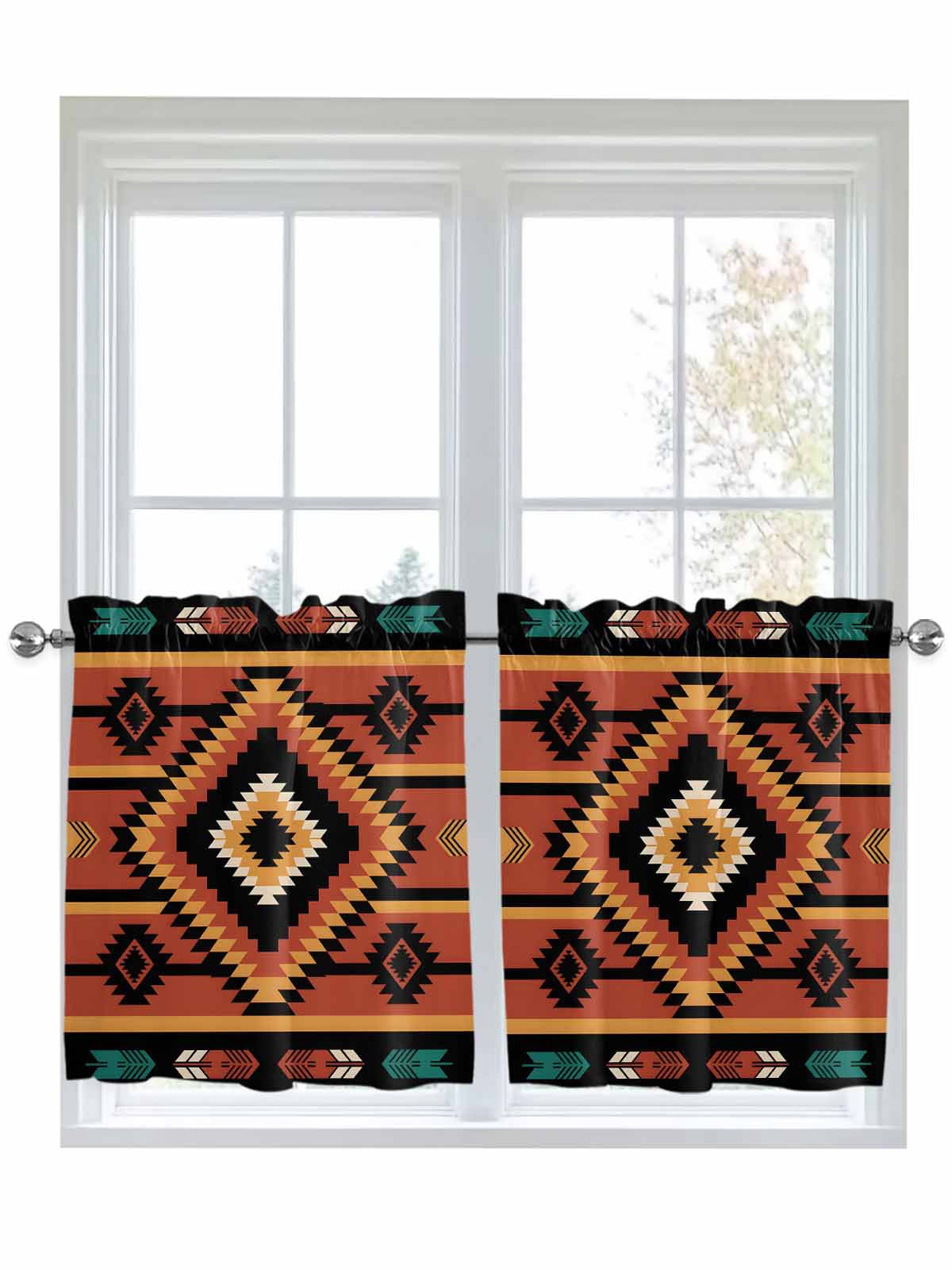 Aztec Southwest Kitchen Curtains Tier 36 Inch Length, Orange Black Boho ...