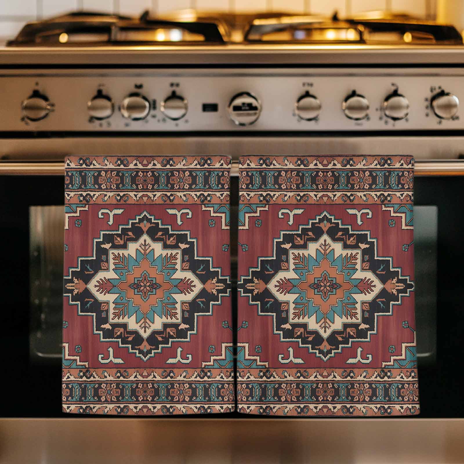 Aztec Southwest Kitchen Towels Set of 2, Red Brown Boho Chic Abstract ...