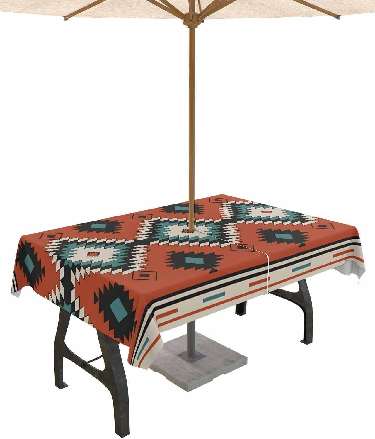 Aztec Southwest Outdoor Tablecloth with Umbrella Hole Rectangle,Orange ...