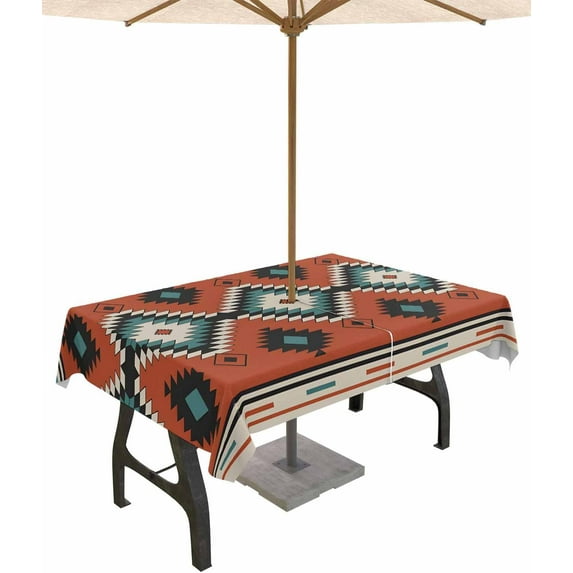 Aztec Southwest Outdoor Tablecloth with Umbrella Hole Rectangle,Orange ...