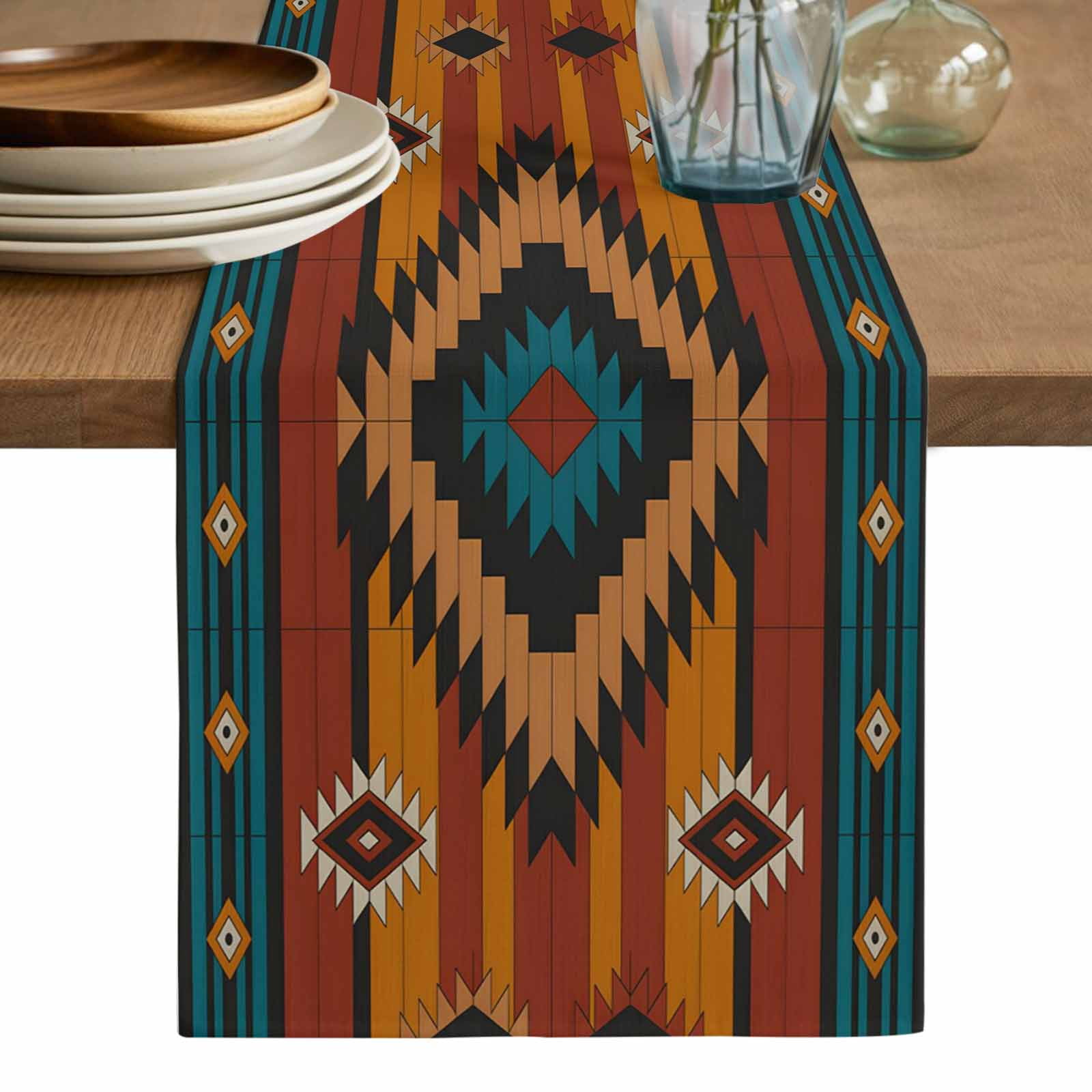 Aztec Southwest Table Runner, Vintage Geometric Farmhouse Art Washable ...