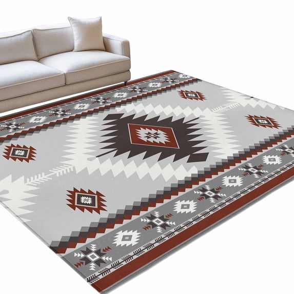 Aztec Southwestern Area Rug, Ethnic Tribal Style Geometric Red Grey Non ...