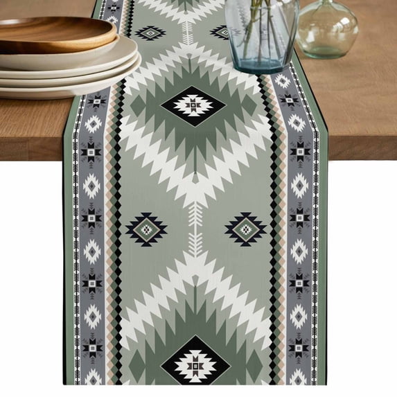 Aztec Southwestern Table Runner, Ethnic Tribal Style Geometric Green ...