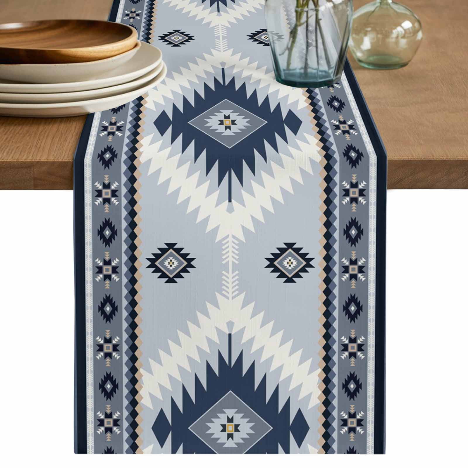Aztec Southwestern Table Runner, Ethnic Tribal Style Geometric Navy ...