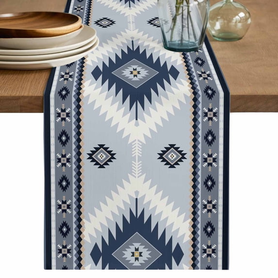 Aztec Southwestern Table Runner, Ethnic Tribal Style Geometric Navy ...