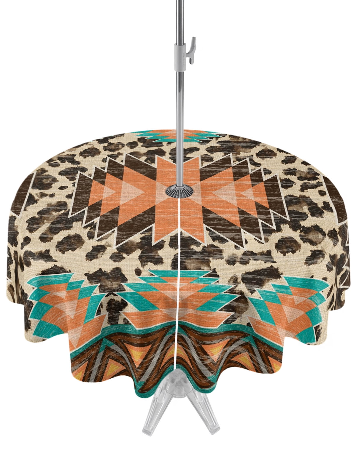 Aztec Style Round Outdoor Tablecloth with Umbrella Hole Brown ...