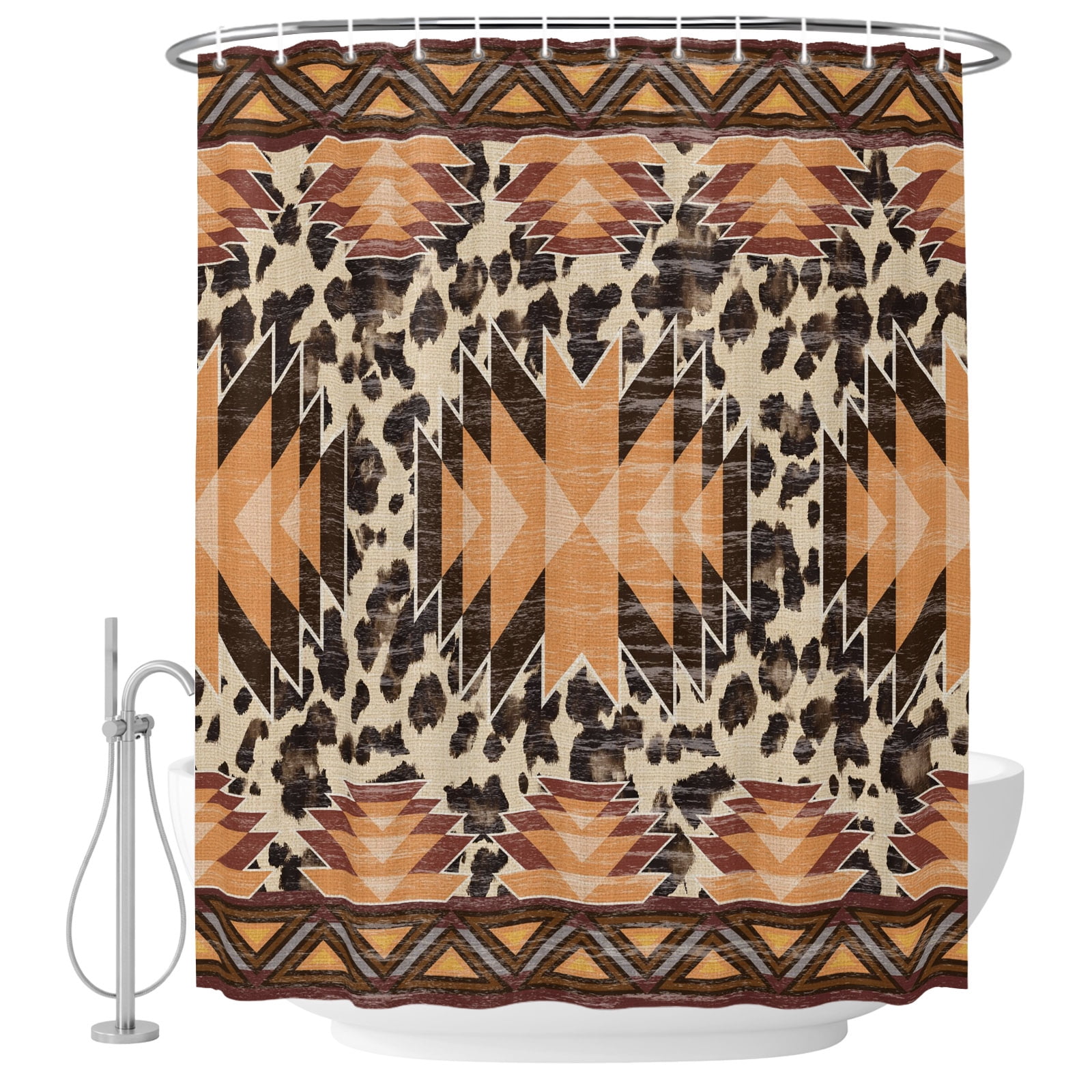 Aztec Style Shower Curtain Set with Hooks, Brown Southwestern Leopard ...
