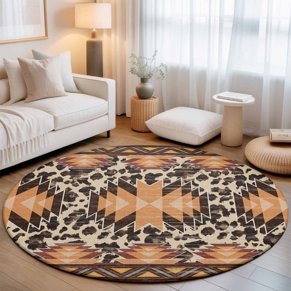Aztec Style Washable Round Area Rug 4 ft, Brown Southwestern Leopard ...