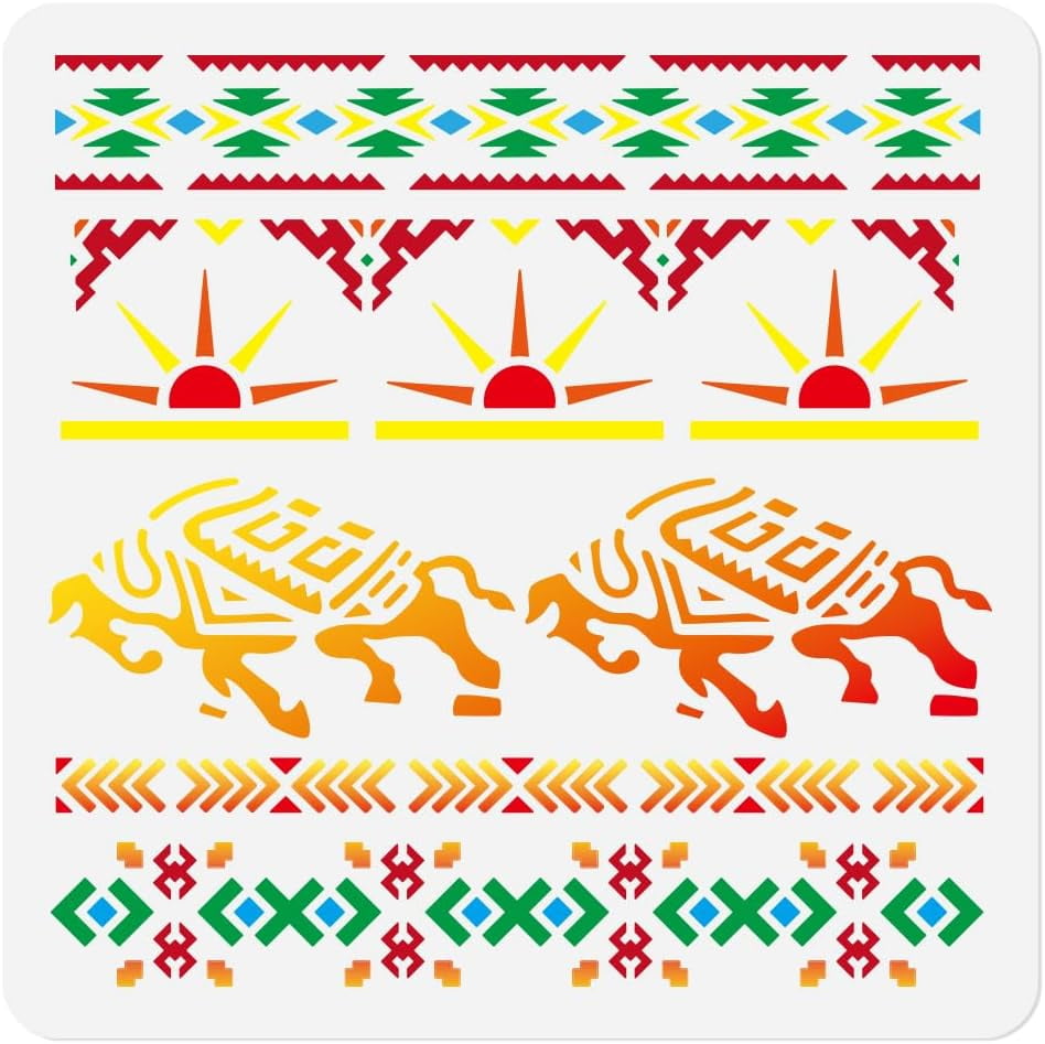Aztec Sun Buffalo Border Stencil Southwest Boho Template 11.8 x 11.8 ...